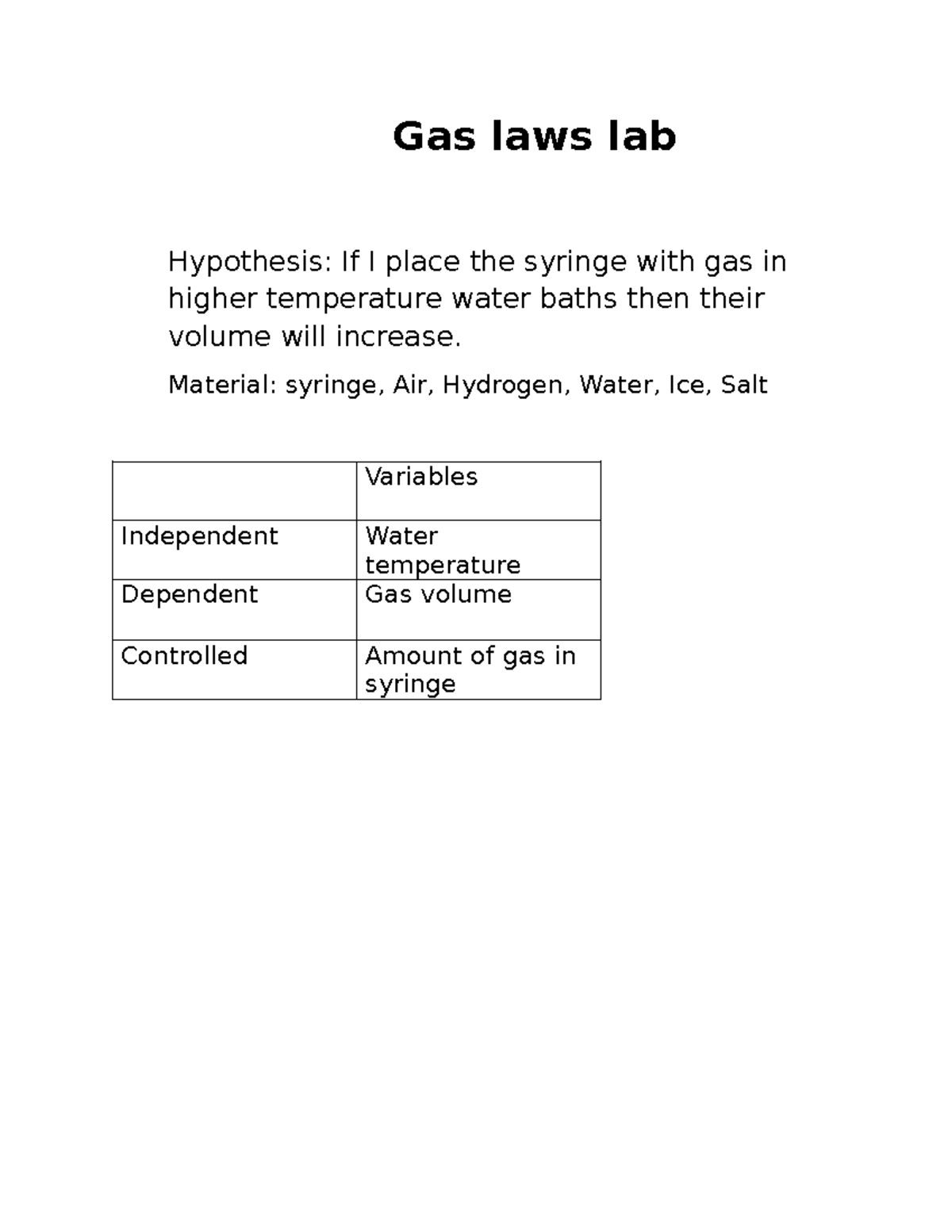 Document - Chemistry - Gas laws lab Hypothesis: If I place the syringe ...