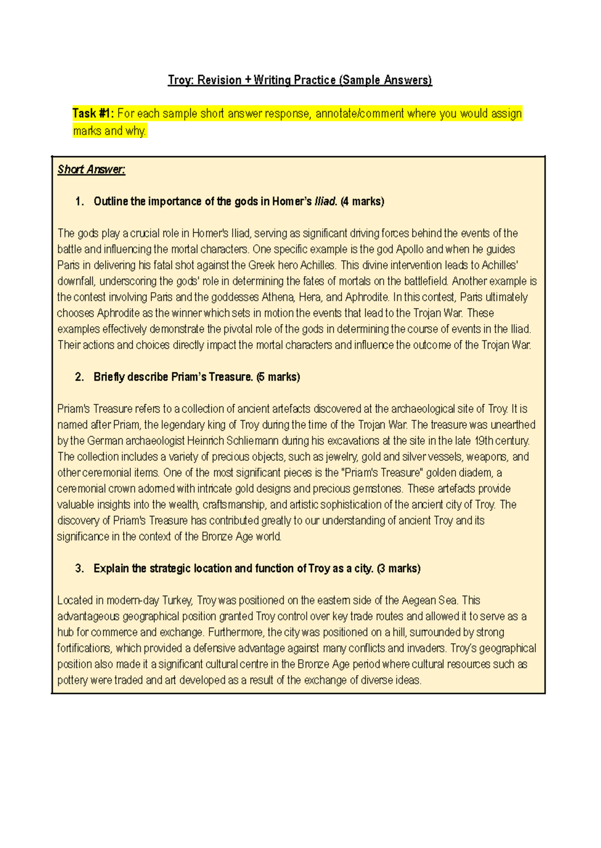 Troy Short Answer + Extended Response (Sample Answers) - Troy: Revision ...