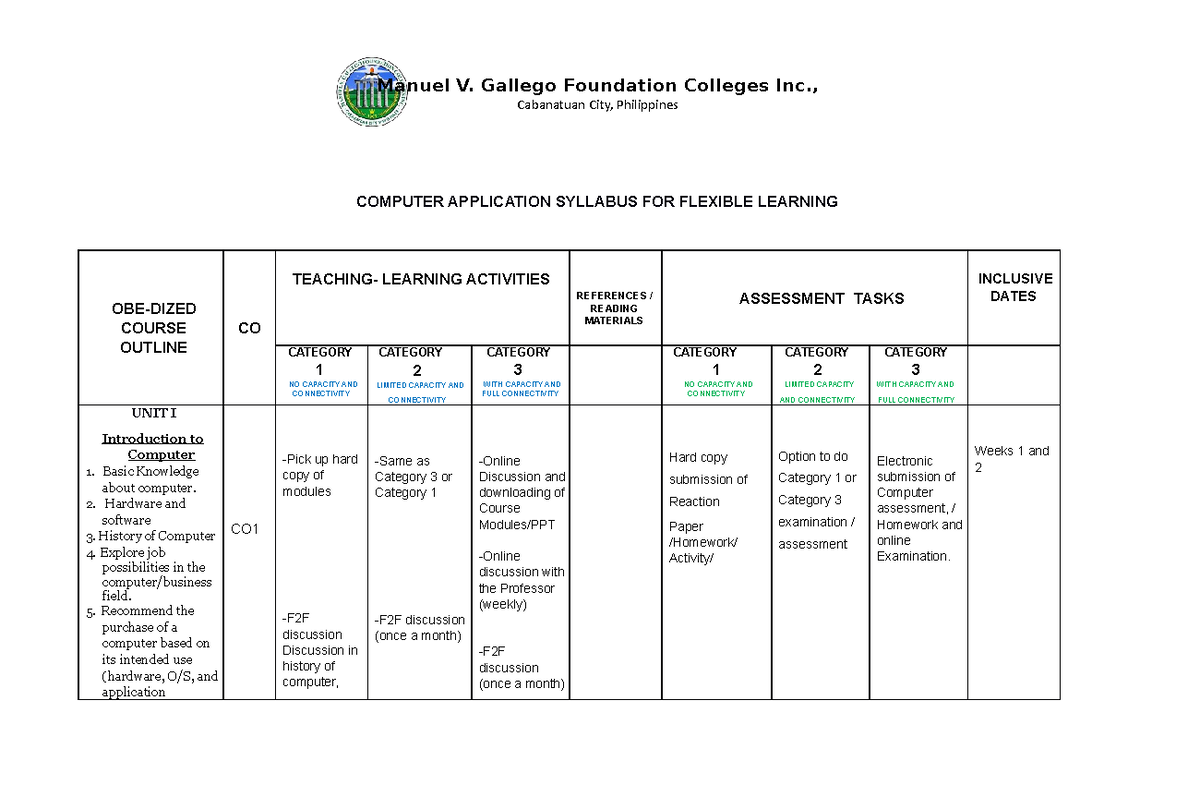Flexi syllabus Computer Application - Manuel V. Gallego Foundation Colleges Inc., Cabanatuan ...
