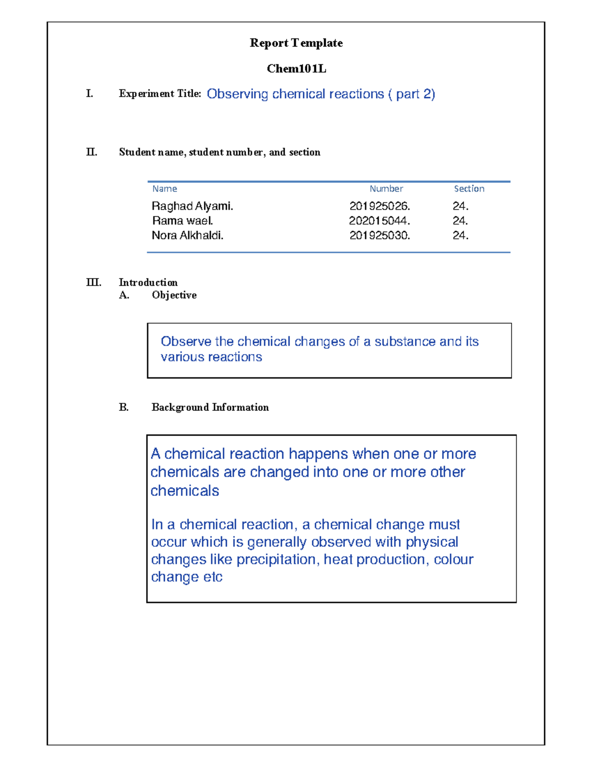 Observing chemical reactions ( part 2) - Report Template Chem101L I ...