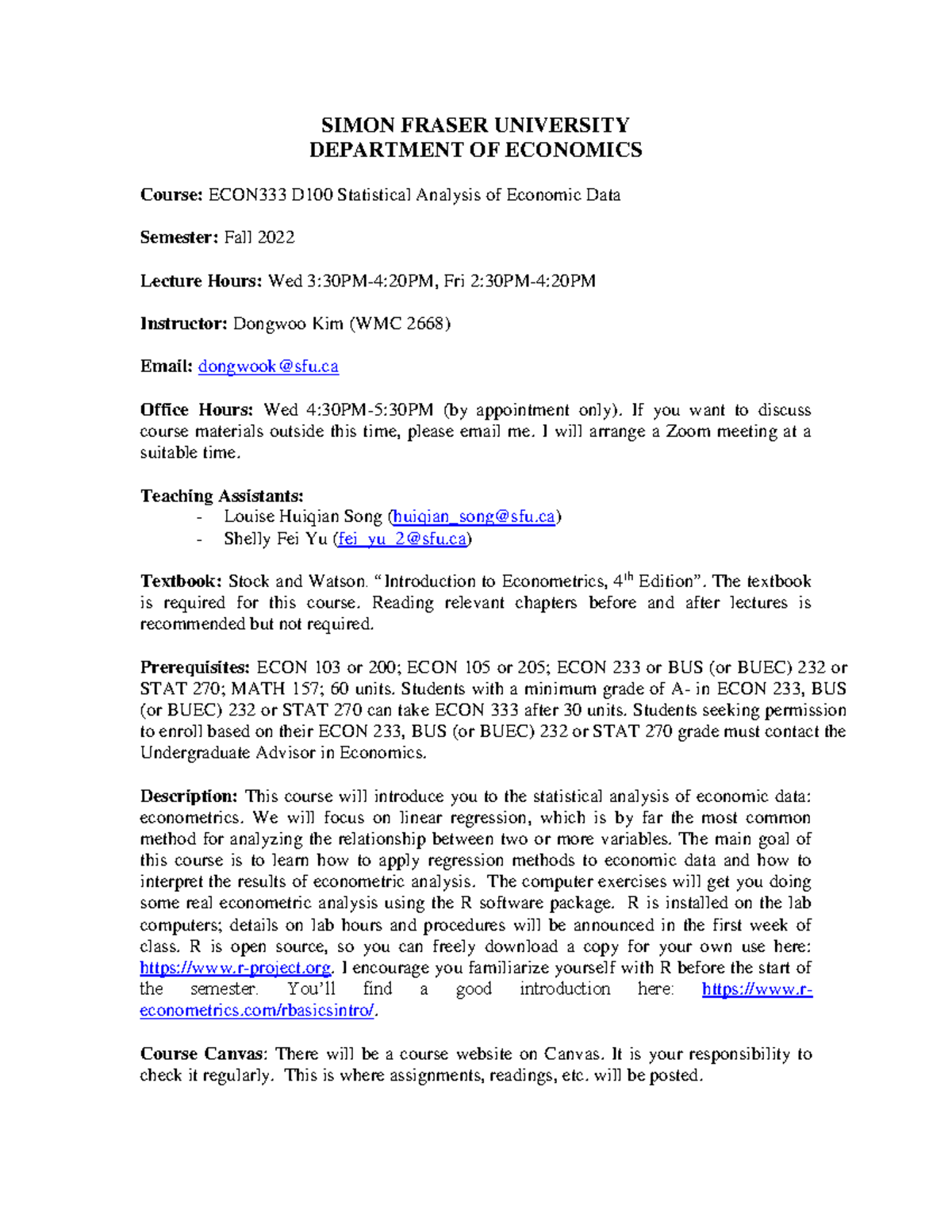 Econ333 outline - SIMON FRASER UNIVERSITY DEPARTMENT OF ECONOMICS ...