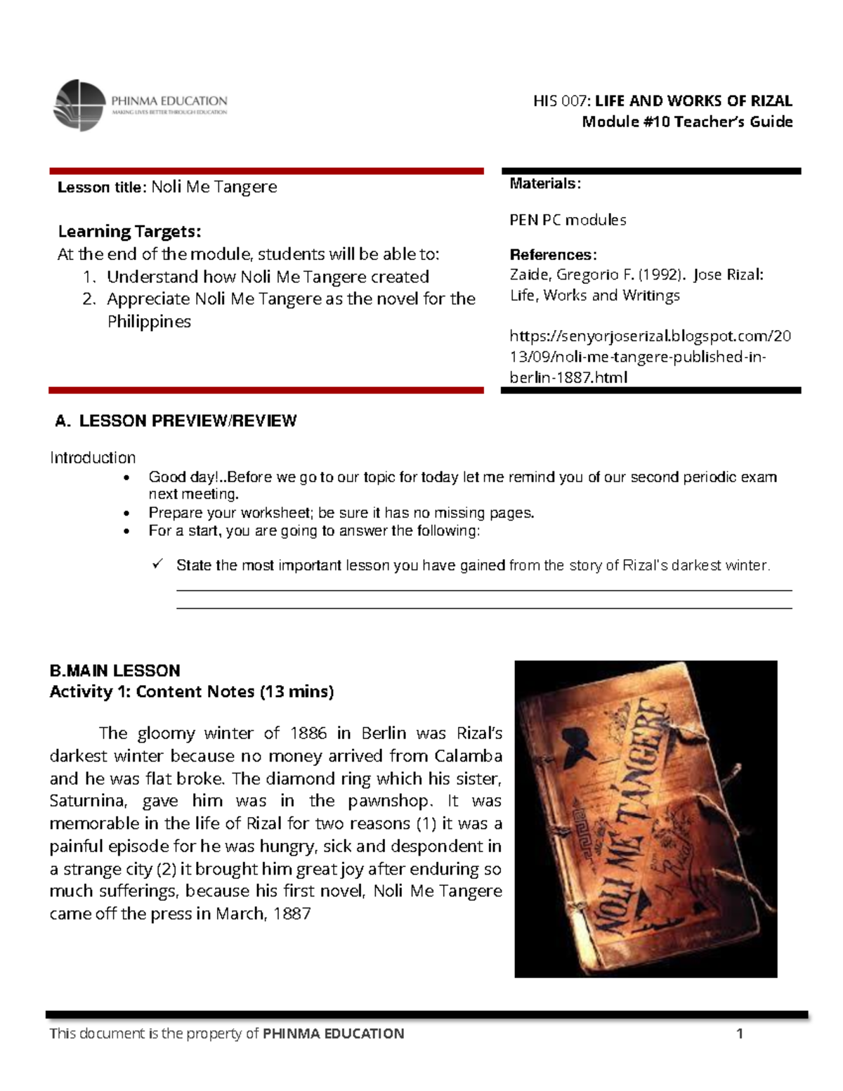 Lesson-10 - Phinmaed - Module #10 Teacher’s Guide Lesson title: Noli Me ...