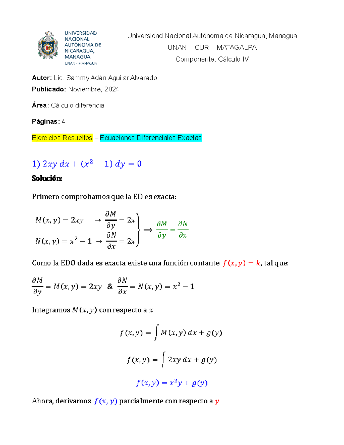 Ejercicios Resueltos – Ecuaciones Diferenciales Exactas - Universidad Nacional Autónoma de - Studocu
