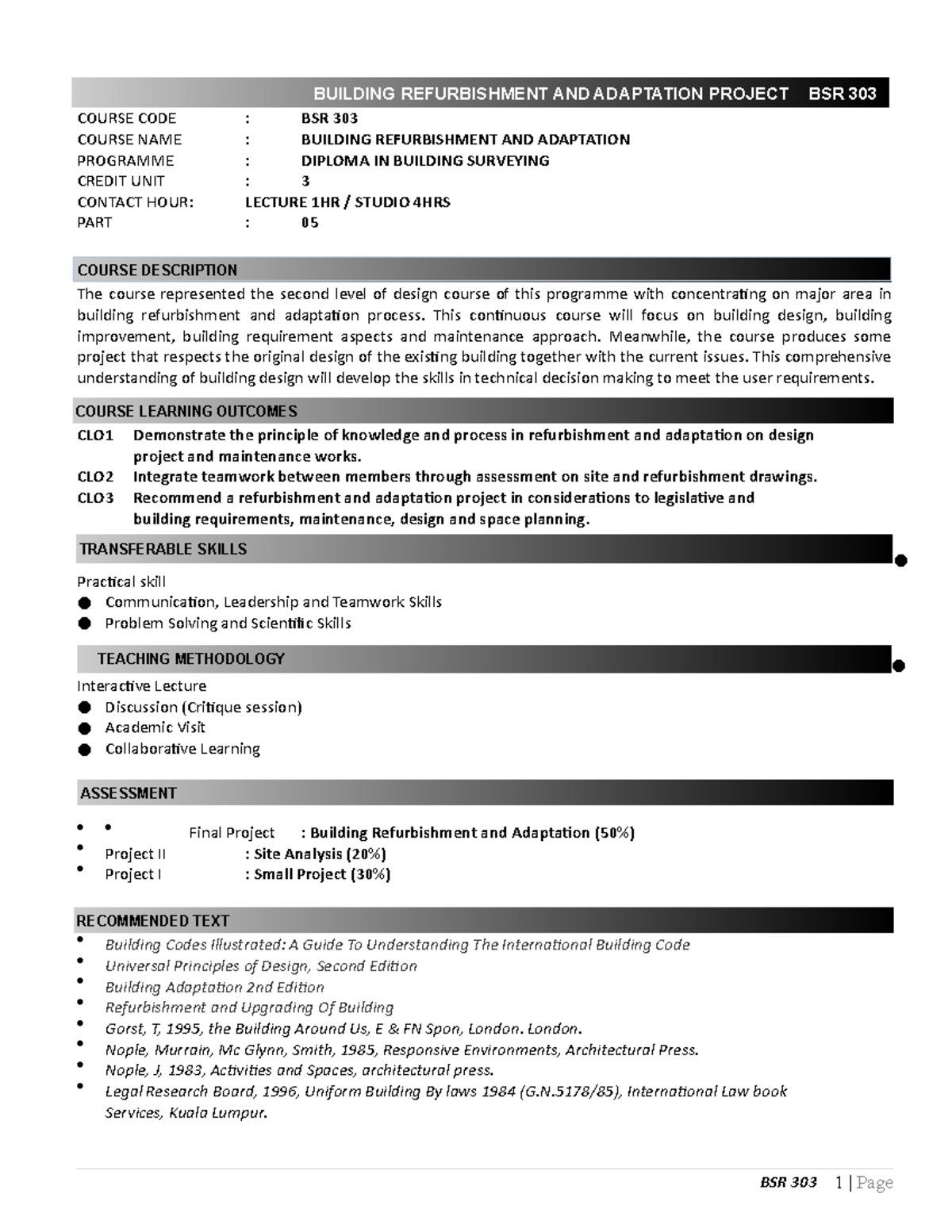 BSR303- Course Outline - COURSE CODE : BSR 303 COURSE NAME : BUILDING ...