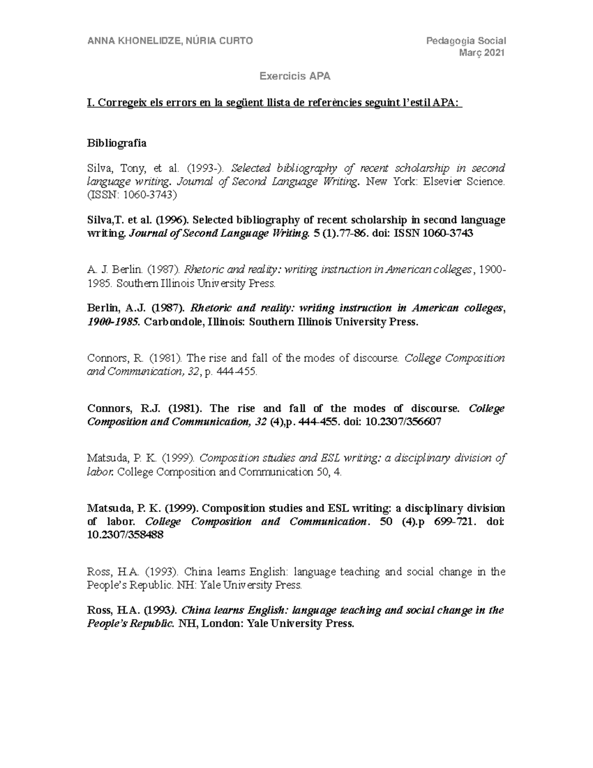 APA Style Exercises - práctica APA - Març 2021 Exercicis APA I ...