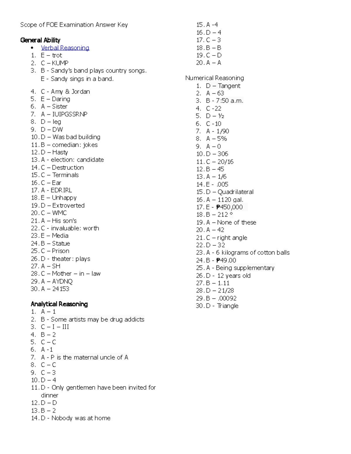Scope of FOE Examination Answer Key. - Scope of FOE Examination Answer ...
