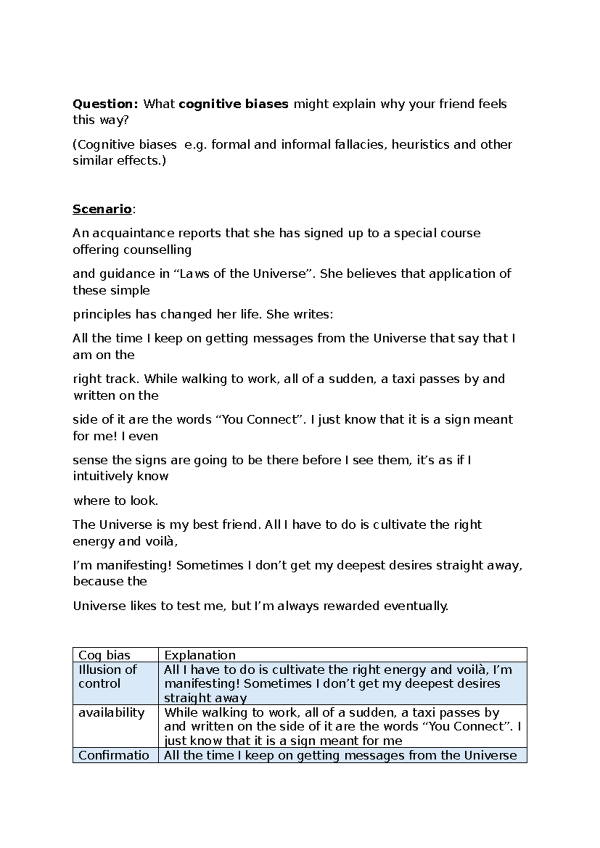 Planning sheet for the scenario questions - Question: What cognitive ...