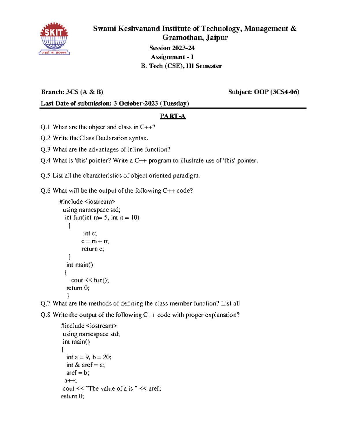 Oops Assignment 1 Object Oriented Programming Assignment 1 Part A Q What Are The Object And