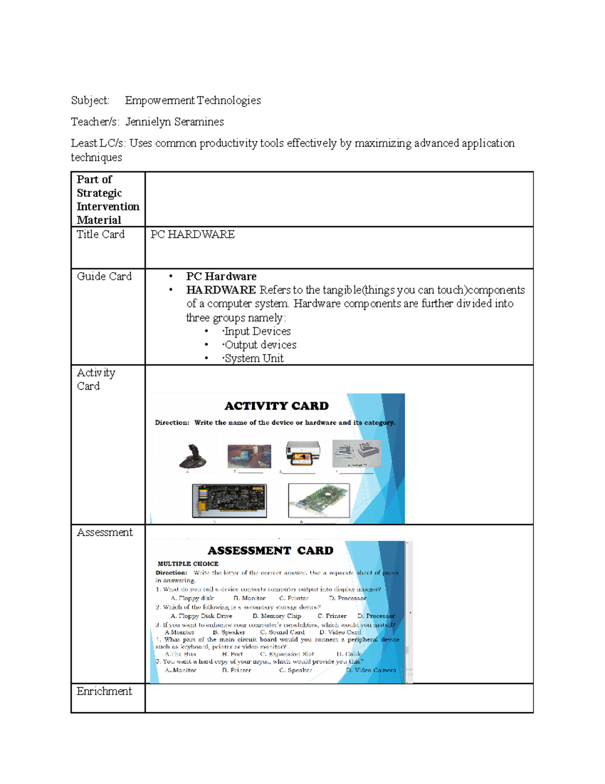 SIM-Template - INFORMATIVE - Subject: Empowerment Technologies Teacher ...