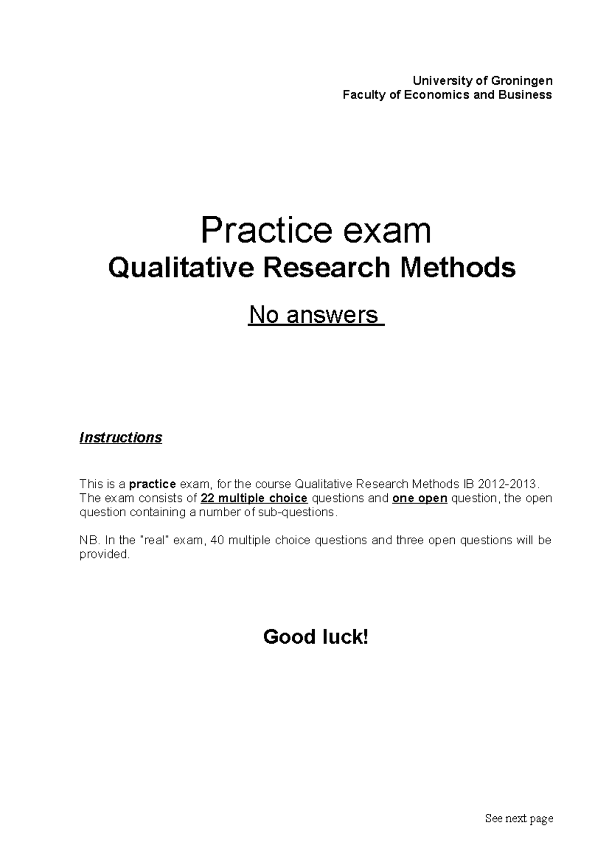 Sample practice Exam 2013 Questions University Of Groningen Faculty Of Economics And Business sample-practice-exam-2013-questions-university-of-groningen-faculty-of-economics-and-business