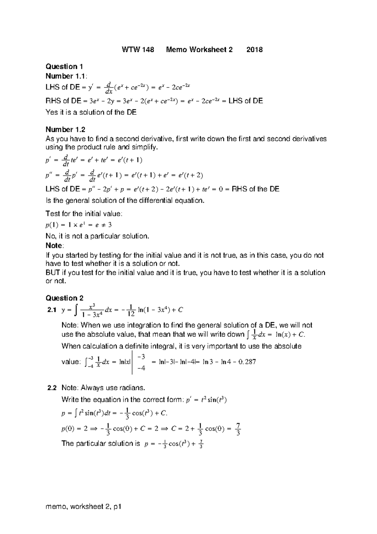 Memo worksheet 2 - Tutorial 1 - WTW 148 Memo Worksheet 2 2018 Question 1 Number 1. 1 : LHS of DE ...