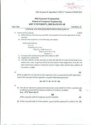 2023 DSA Midsem Question Paper - SUPPLEMENTARY MID-SEMESTER - 20 23 KIIT, Deemed to be ...
