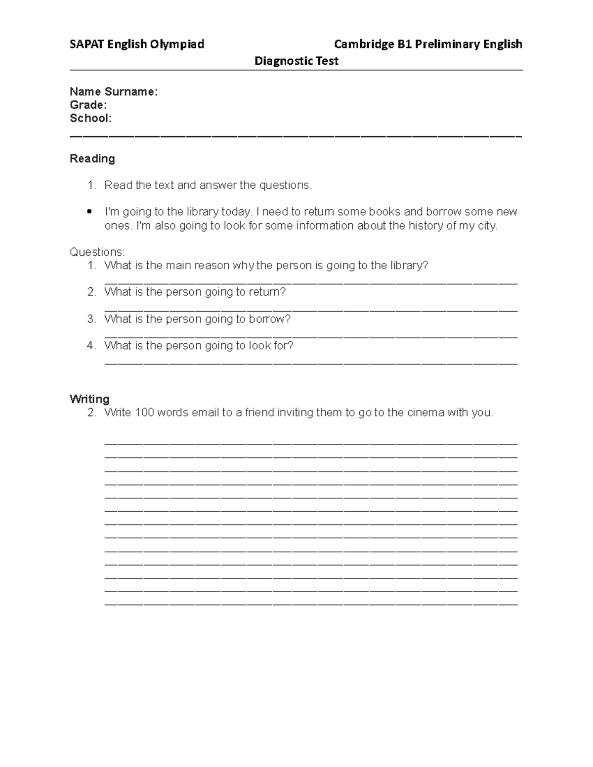 B1 Preliminary English - SAPAT English Olympiad Cambridge B1 ...