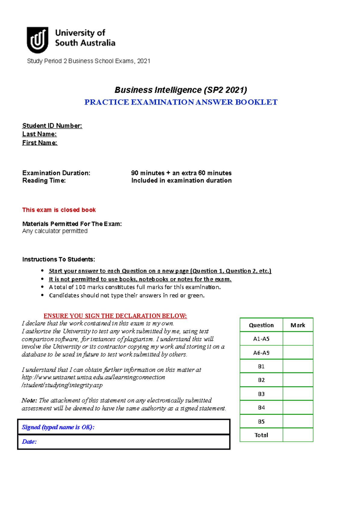 Business Intelligence Exam Practice Answer Booklet - Business ...