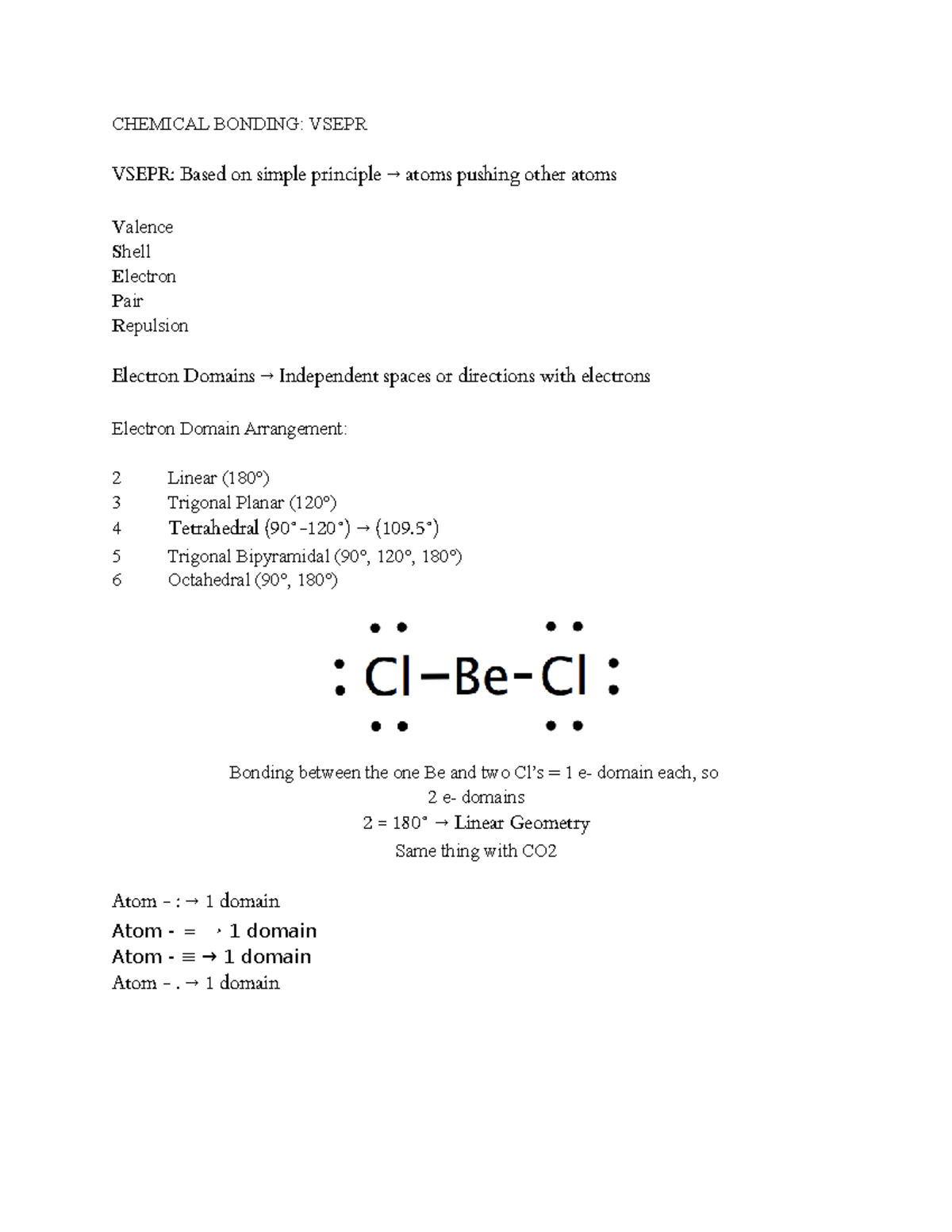 CHEM 124 Notes - CHEMICAL BONDING: VSEPR VSEPR: Based on simple ...