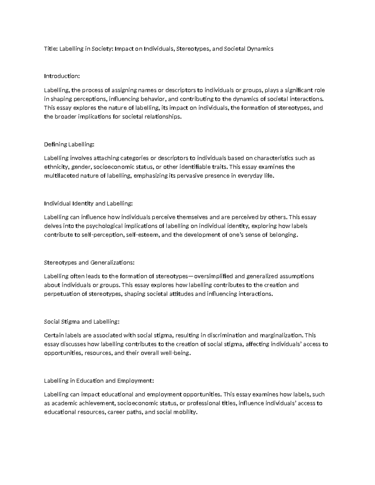 Assignment solution in detail - Title: Labelling in Society: Impact on ...