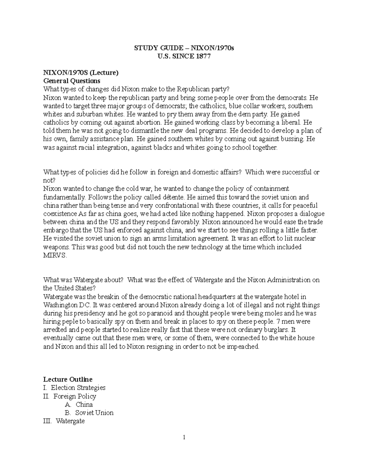 Study Guide - Nixon Late 20th 2020 - STUDY GUIDE – NIXON/1970s U. SINCE ...