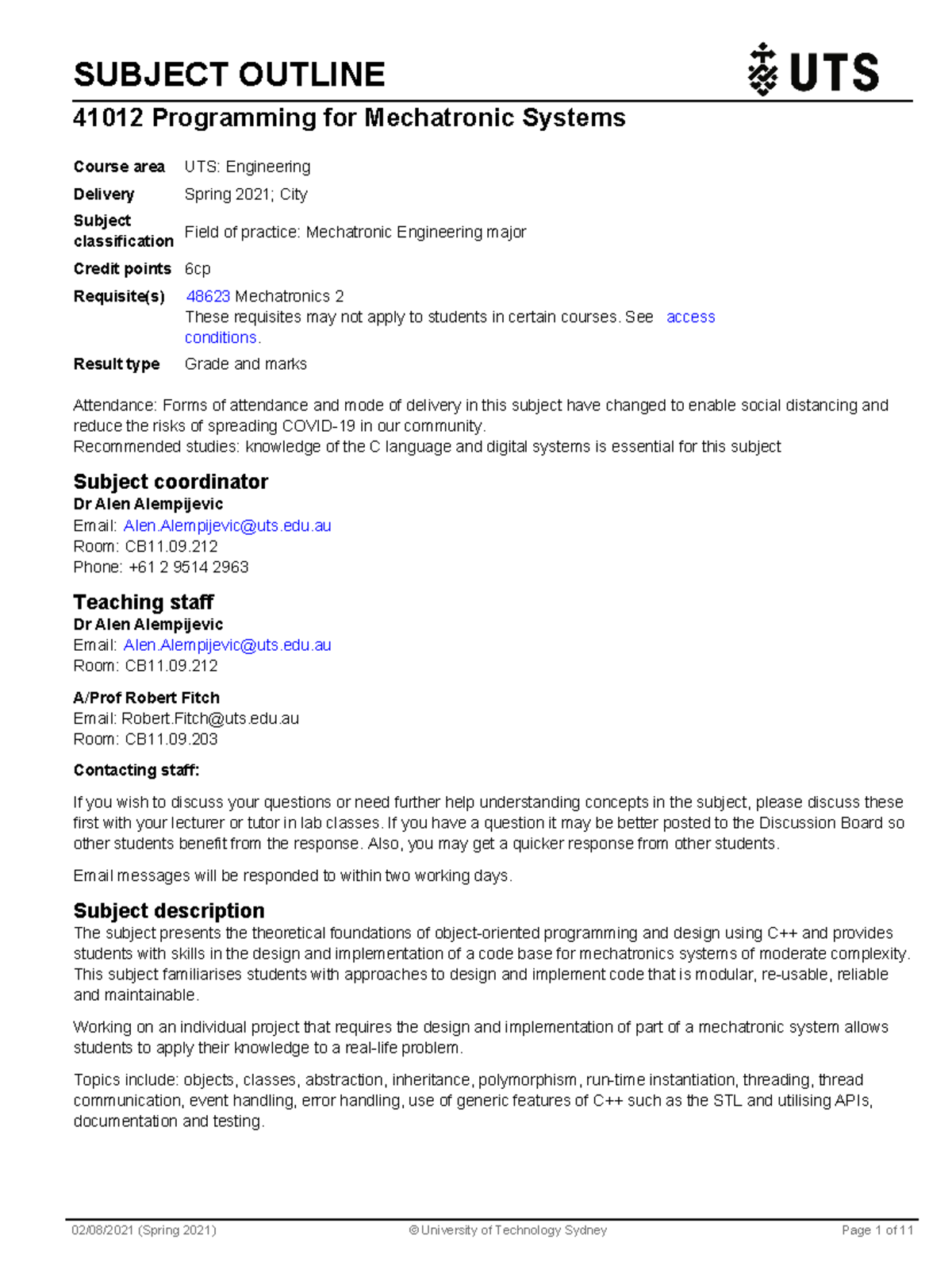 Programming for Mechatronic Systems - Subject Outline - Spring 2021 ...