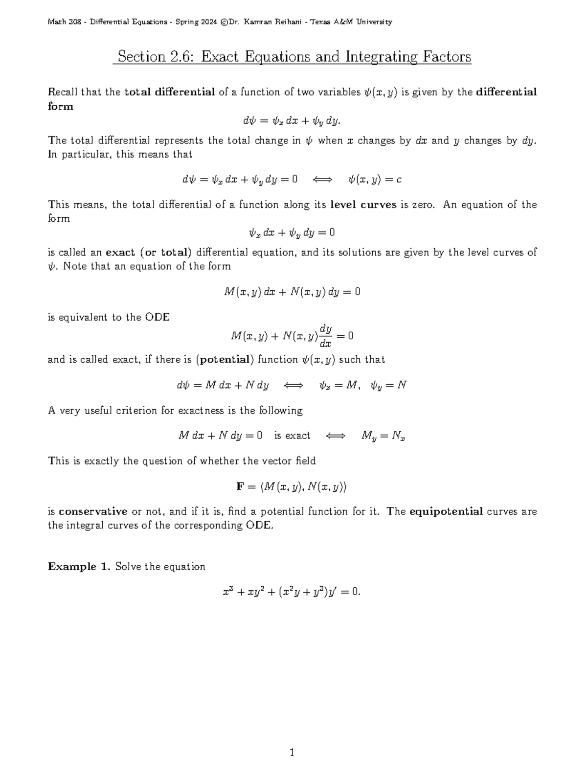 2 - diff eq notes for reihmani class - Section 2: Exact Equations and ...