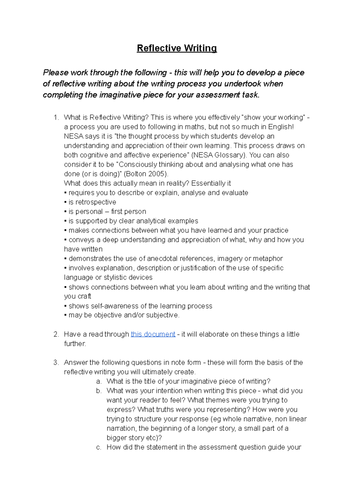 Reflective Writing - Reflective Writing Please work through the ...