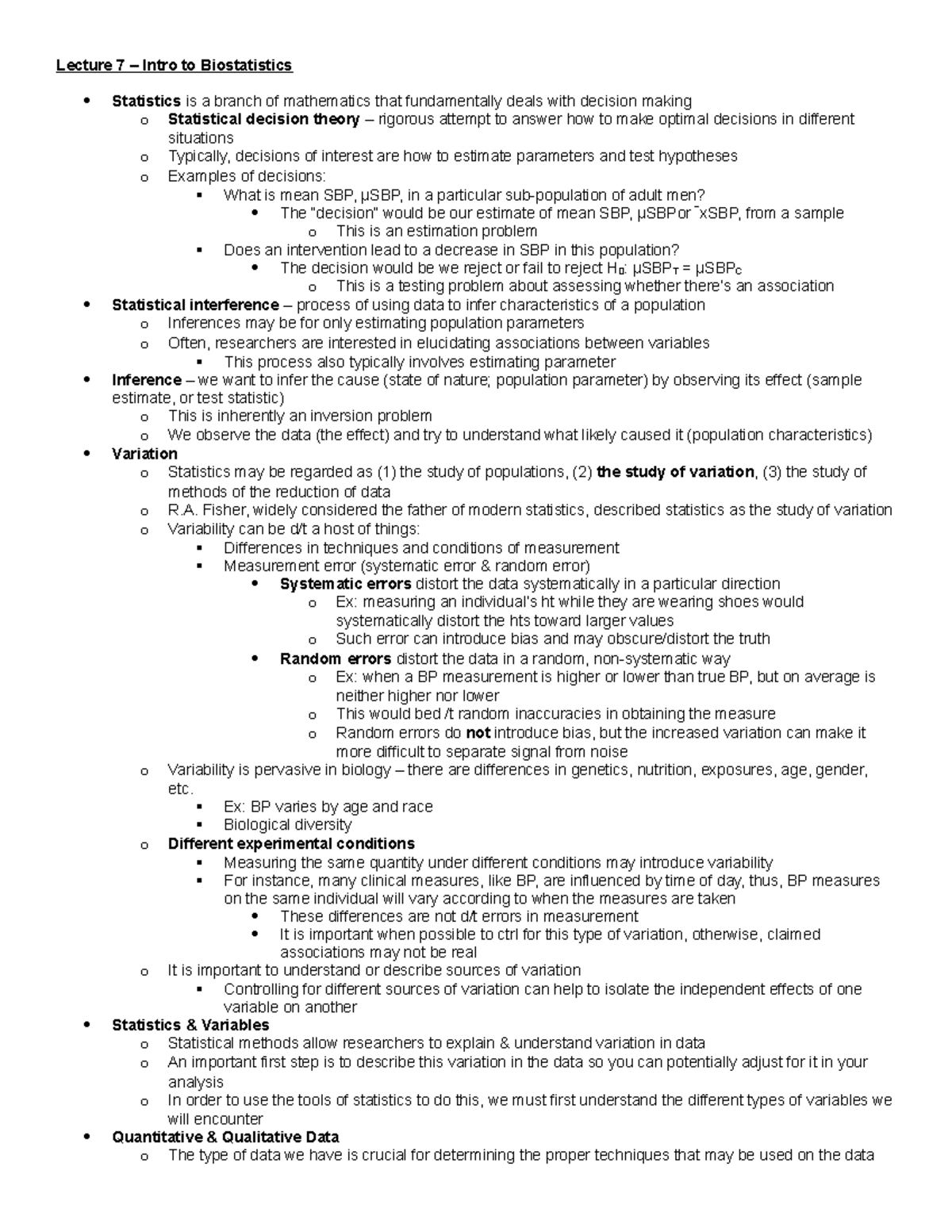 Final Review - Lecture 7 – Intro to Biostatistics Statistics is a ...