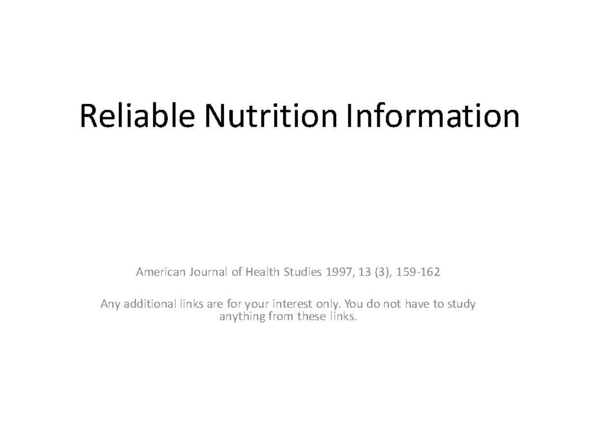 Lecture25 Reliablenutritioninformation Students - Reliable Nutrition ...