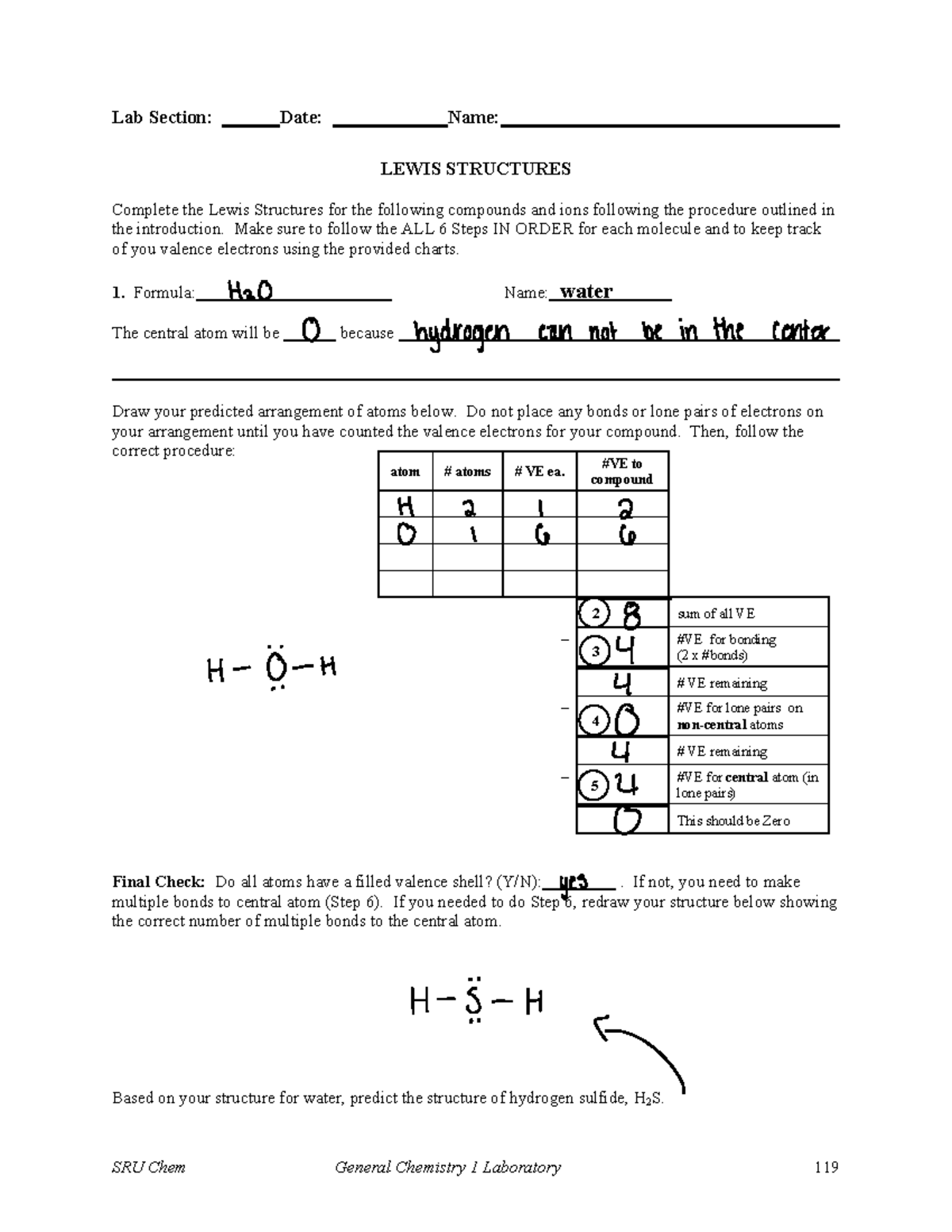 06 Lewis Structures Activity - Lab Section: Date: Name: LEWIS STRUCTURES Complete the Lewis ...