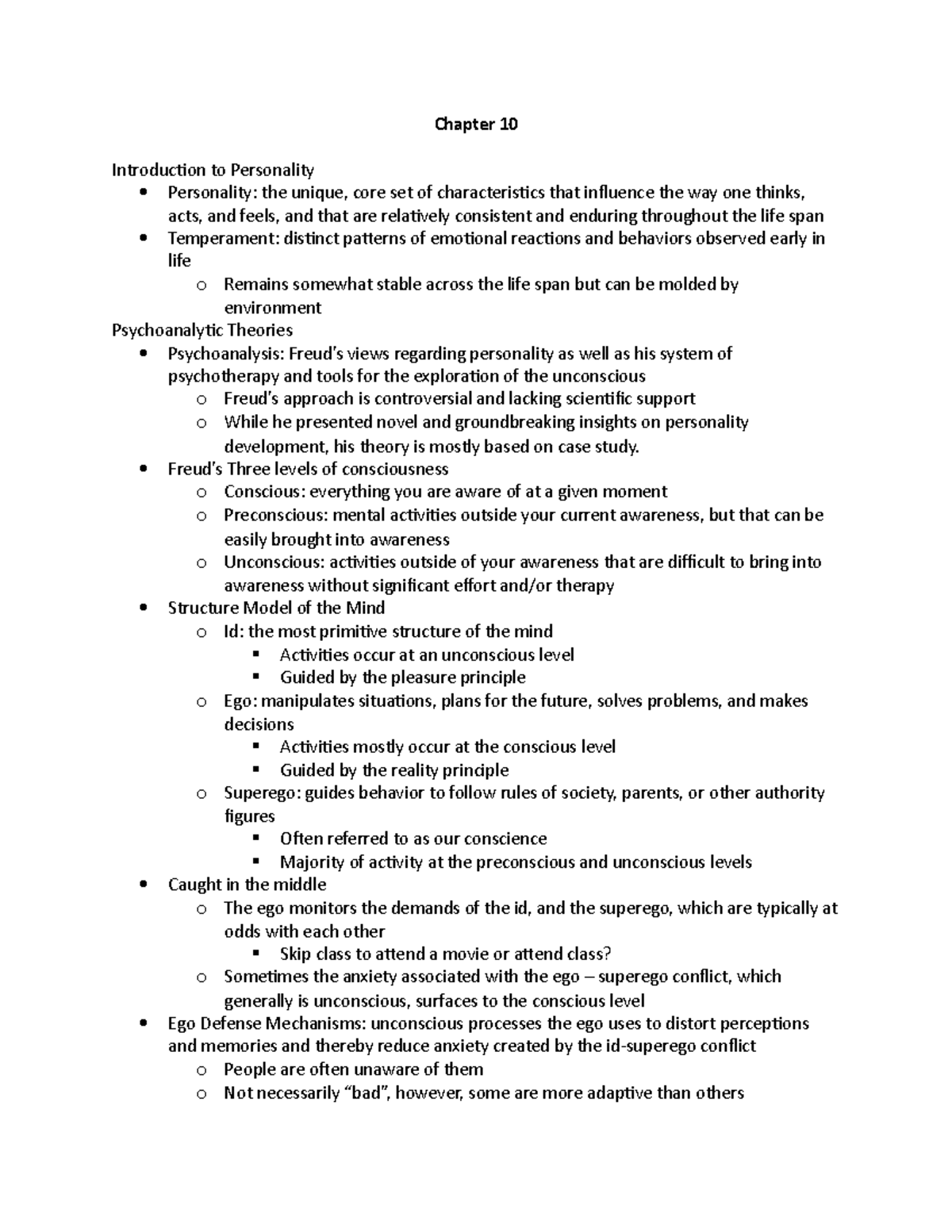 PSY - 201 Chapter 10 Notes - Chapter 10 Introduction to Personality ...