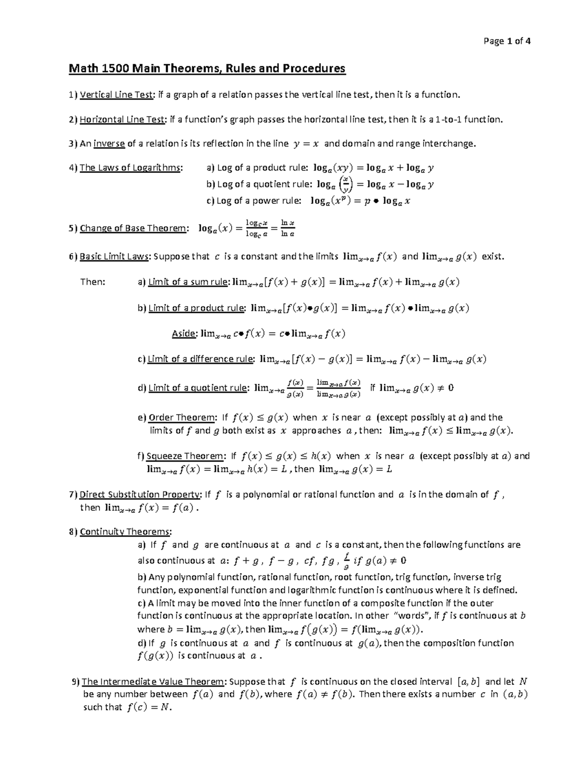 Math 1500 Main Theorems and Procedures - Page 1 of 4 Math 1500 Main ...