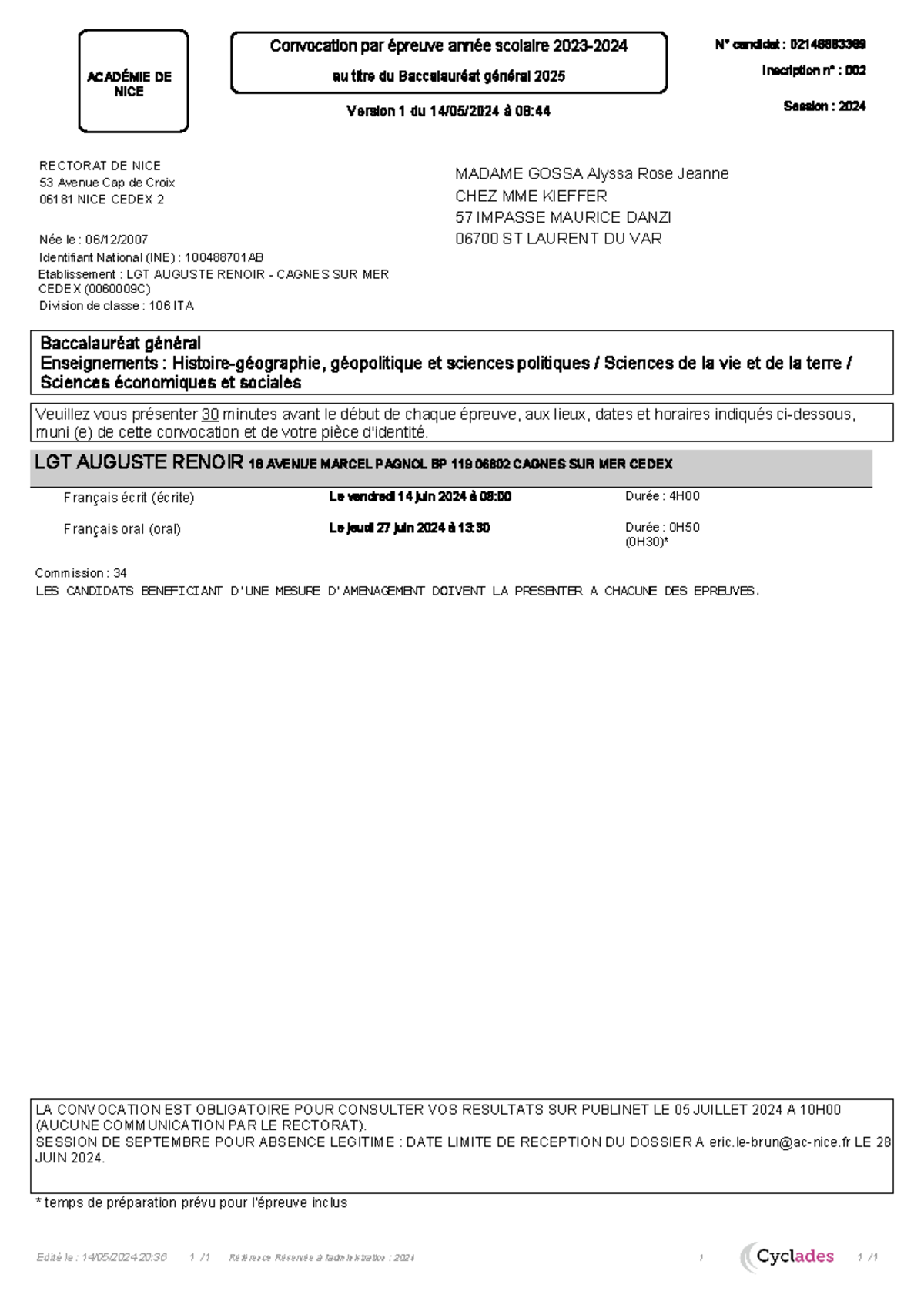 Convocation par epreuve V1 20240514 - Edité le : 14/05/2024 20:36 1 /1 Référence Réservée à ...