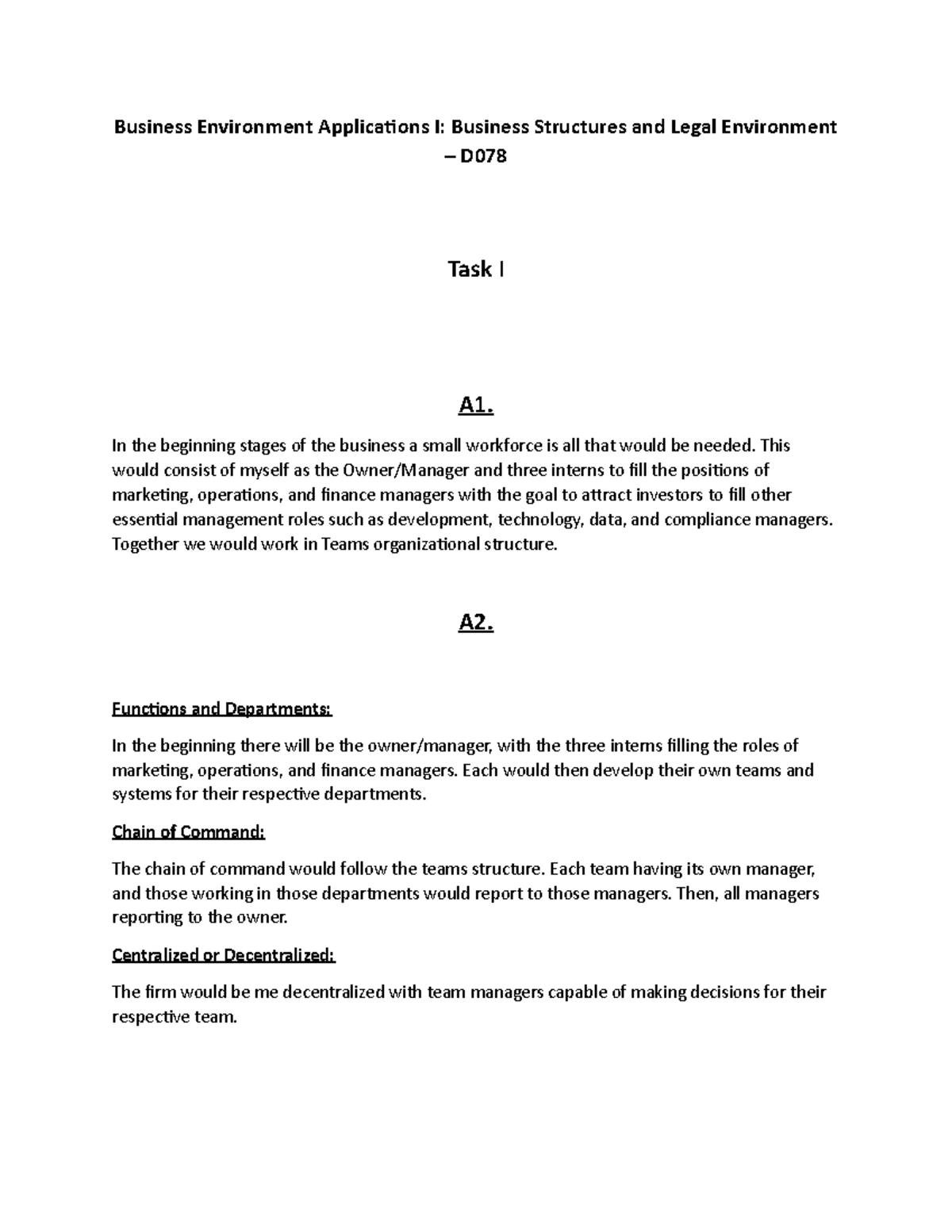 Task I - Task I - Business Environment Applications I: Business ...
