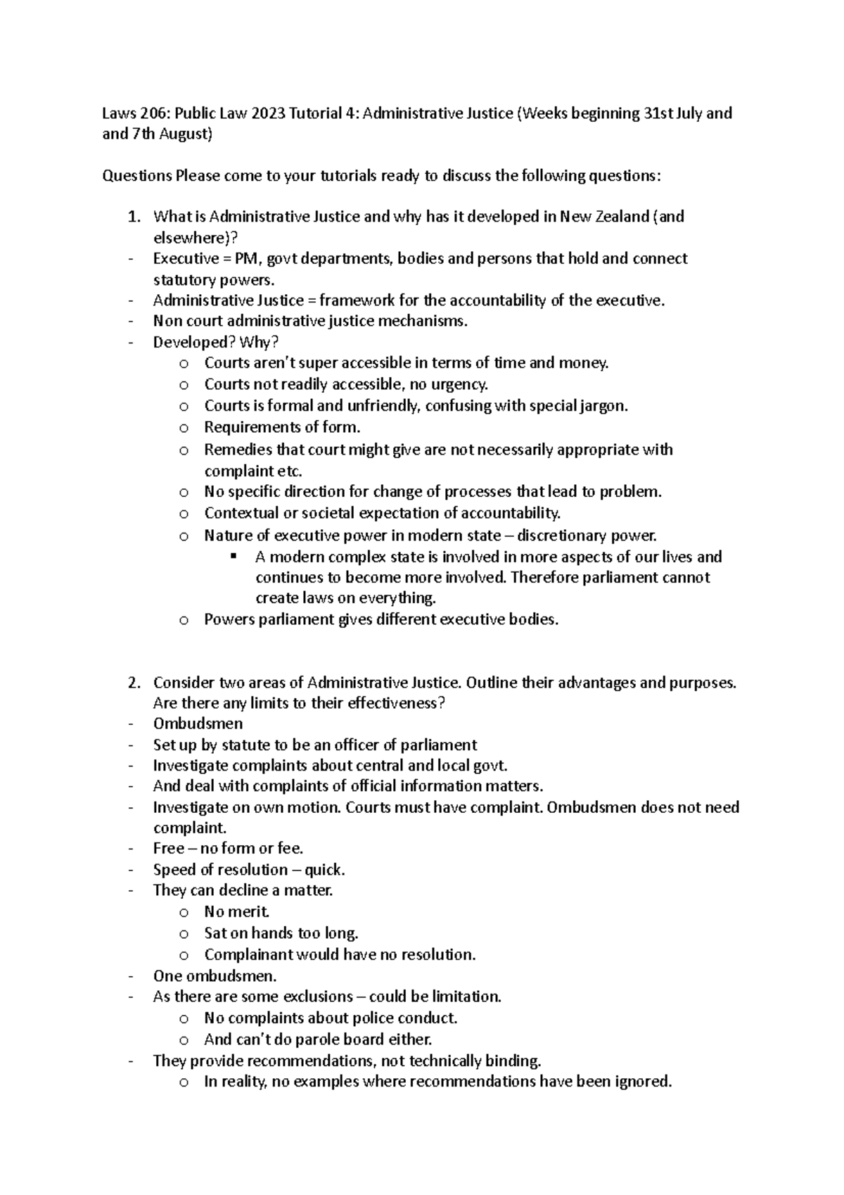 Public tut 4 - Laws 206: Public Law 2023 Tutorial 4: Administrative ...