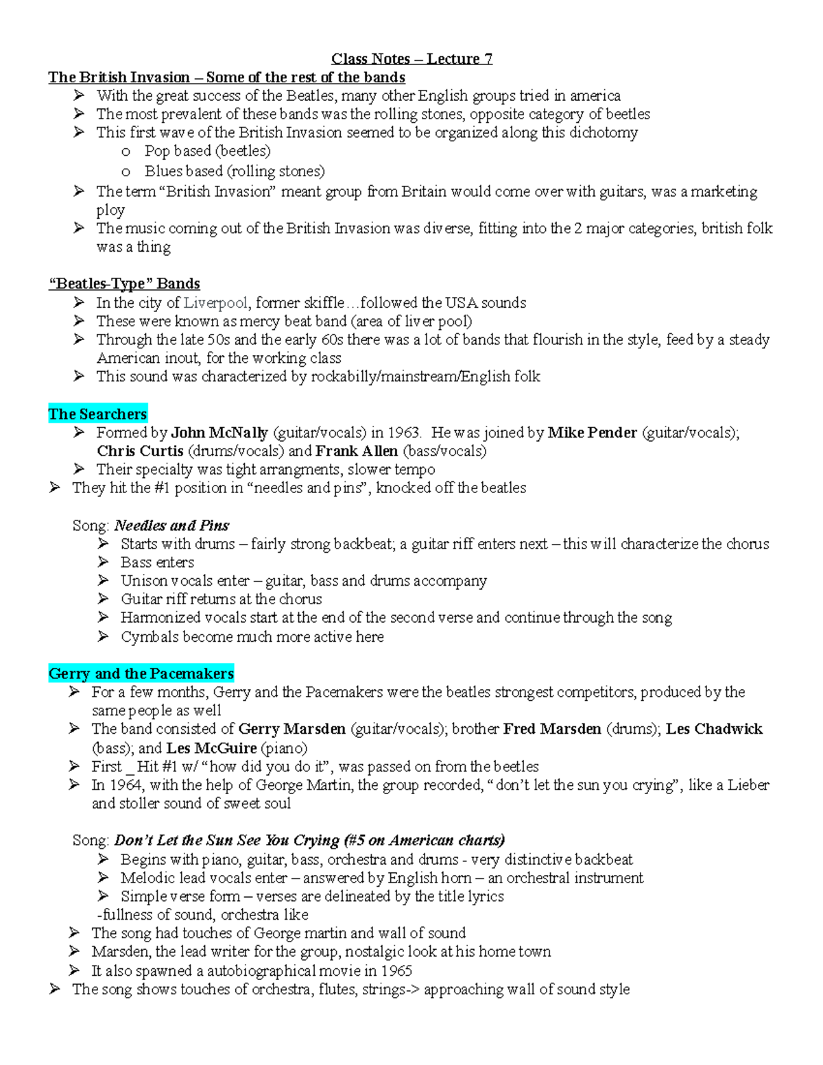 Class Notes - 7 - Class Notes – Lecture 7 The British Invasion – Some ...