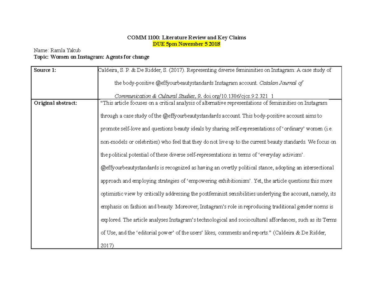 Lit & claims template - Intro to Communication - COMM 1100: Literature ...