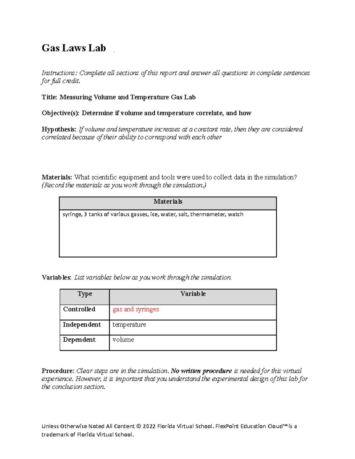 Copy of lab report 6.05 new - Gas Laws Lab Instructions: Complete all ...