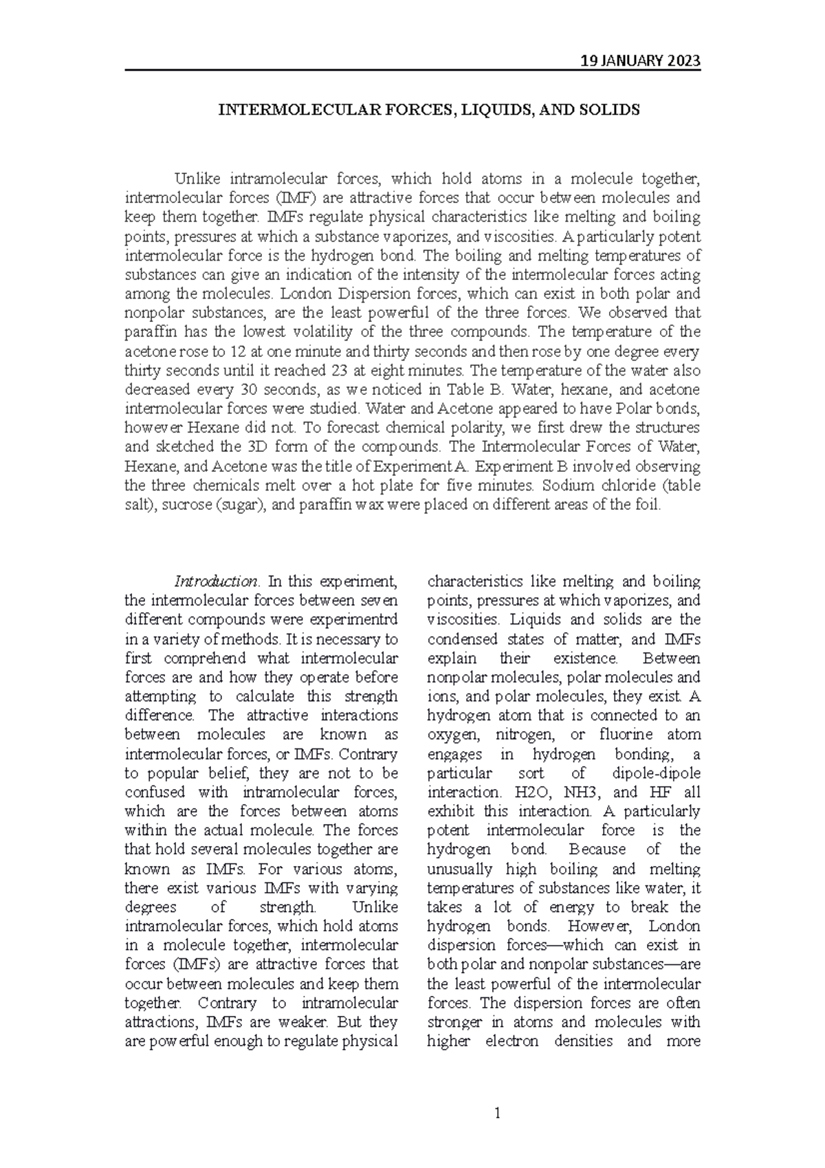 Laboratory Notes Intermolecular Forces - INTERMOLECULAR FORCES, LIQUIDS ...