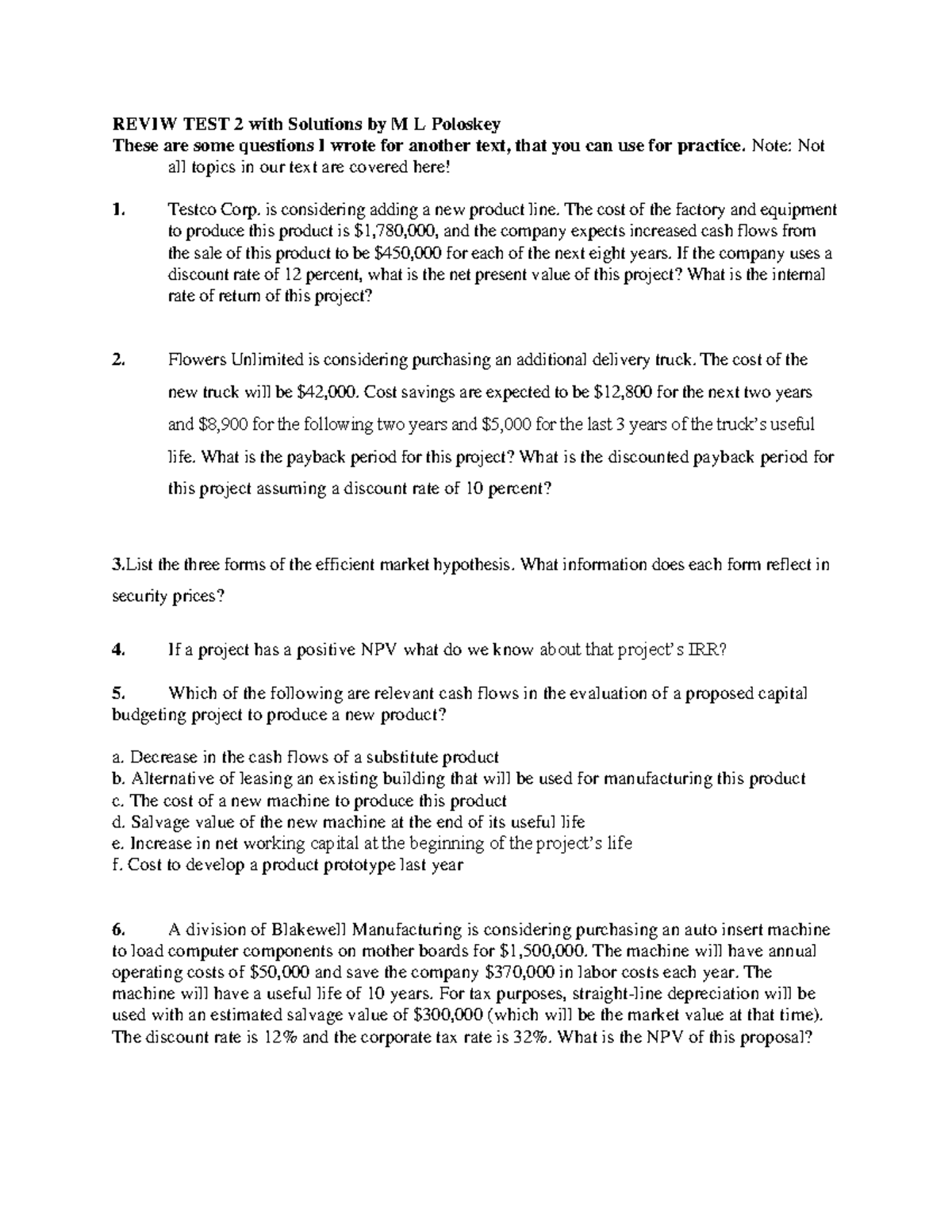 Extra Questions - REVIW TEST 2 with Solutions by M L Poloskey These are ...