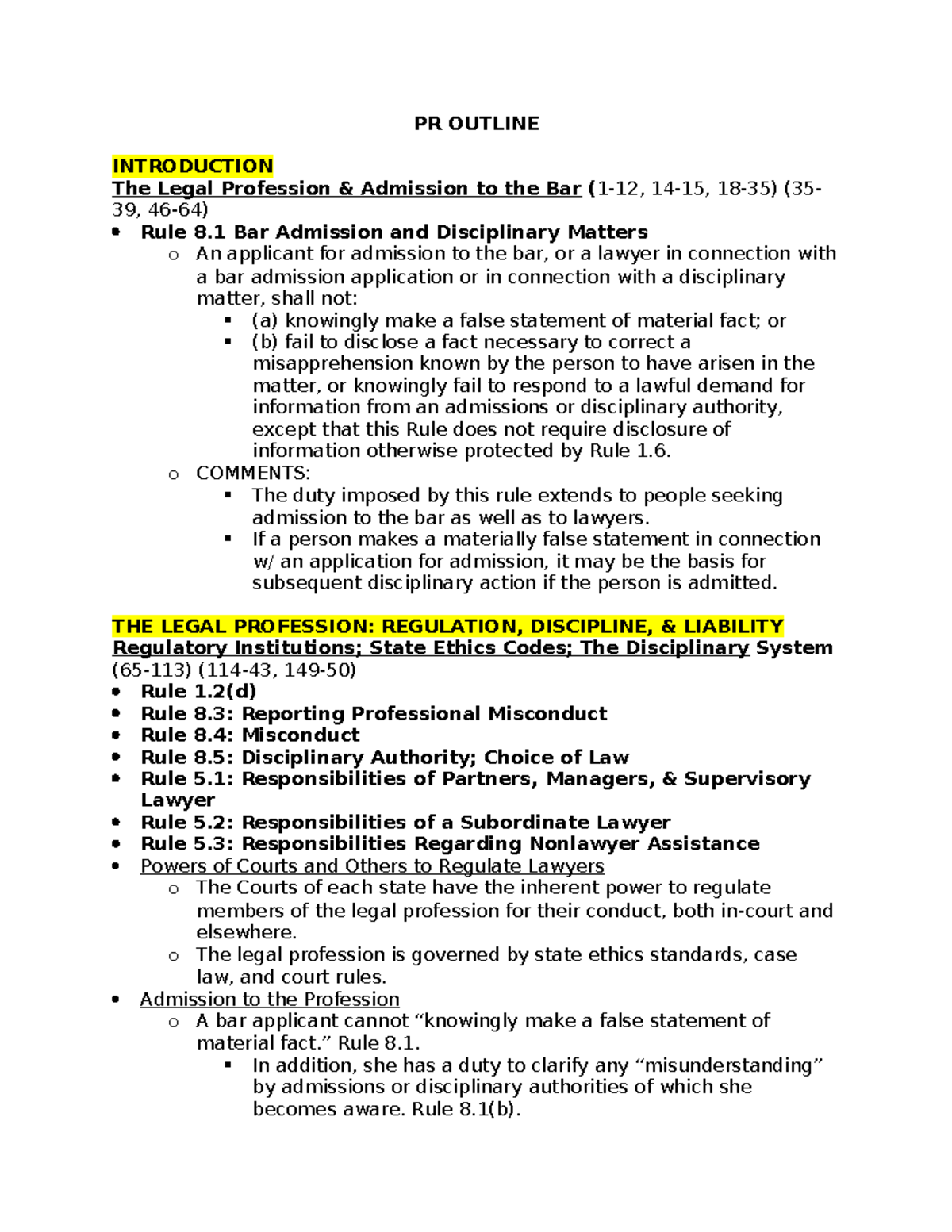 PR outline - PR OUTLINE INTRODUCTION The Legal Profession & Admission ...