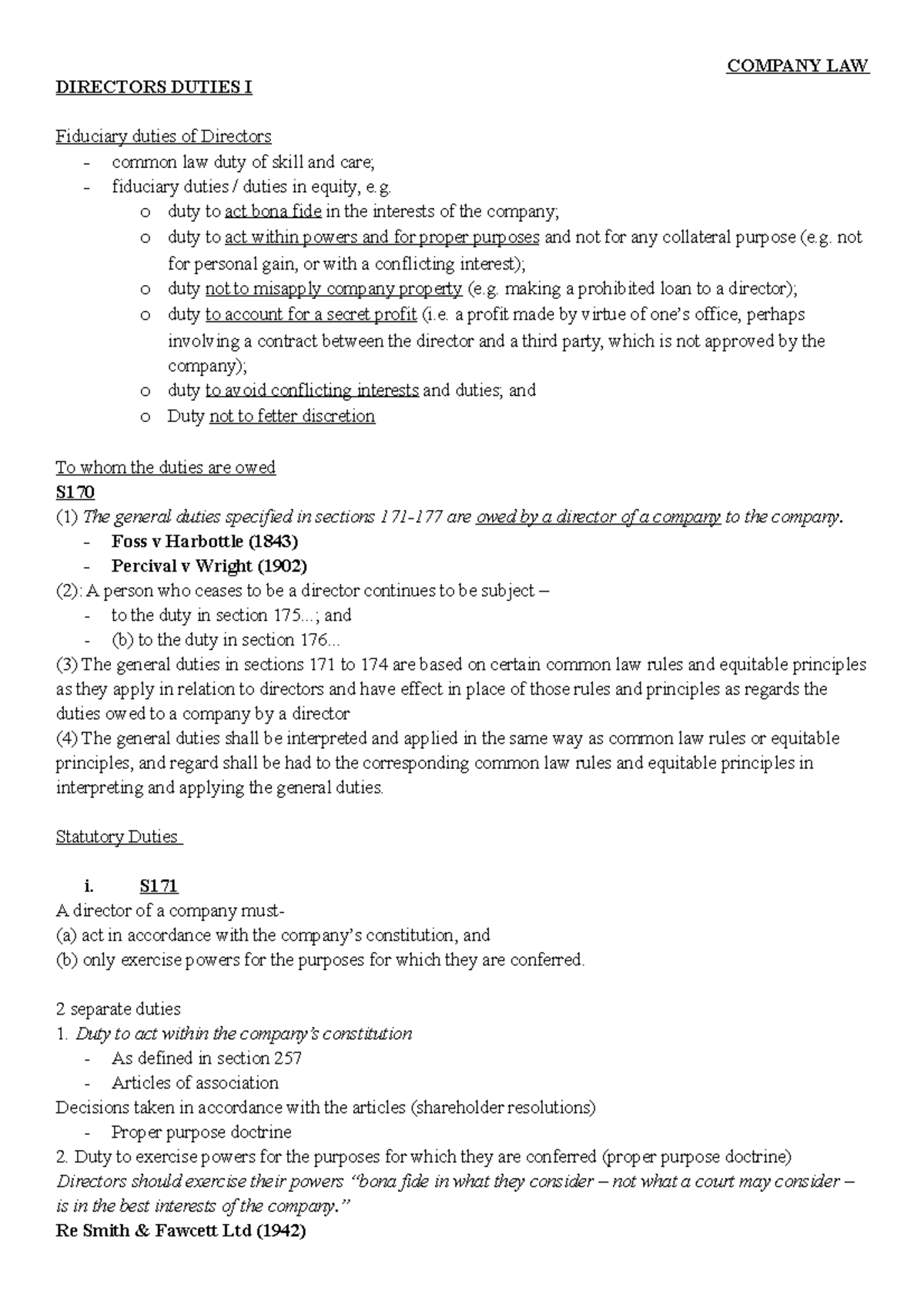 Directors Duties I - DIRECTORS DUTIES I Fiduciary duties of Directors ...