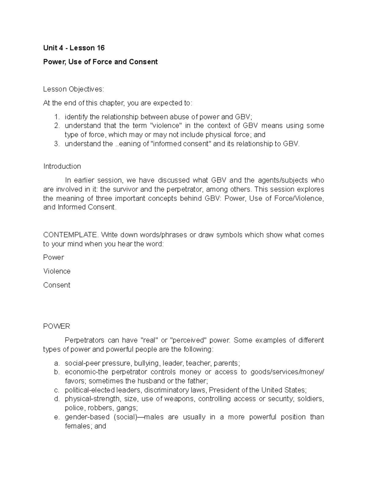 Power, Use of Force and Consent - Unit 4 - Lesson 16 Power, Use of ...