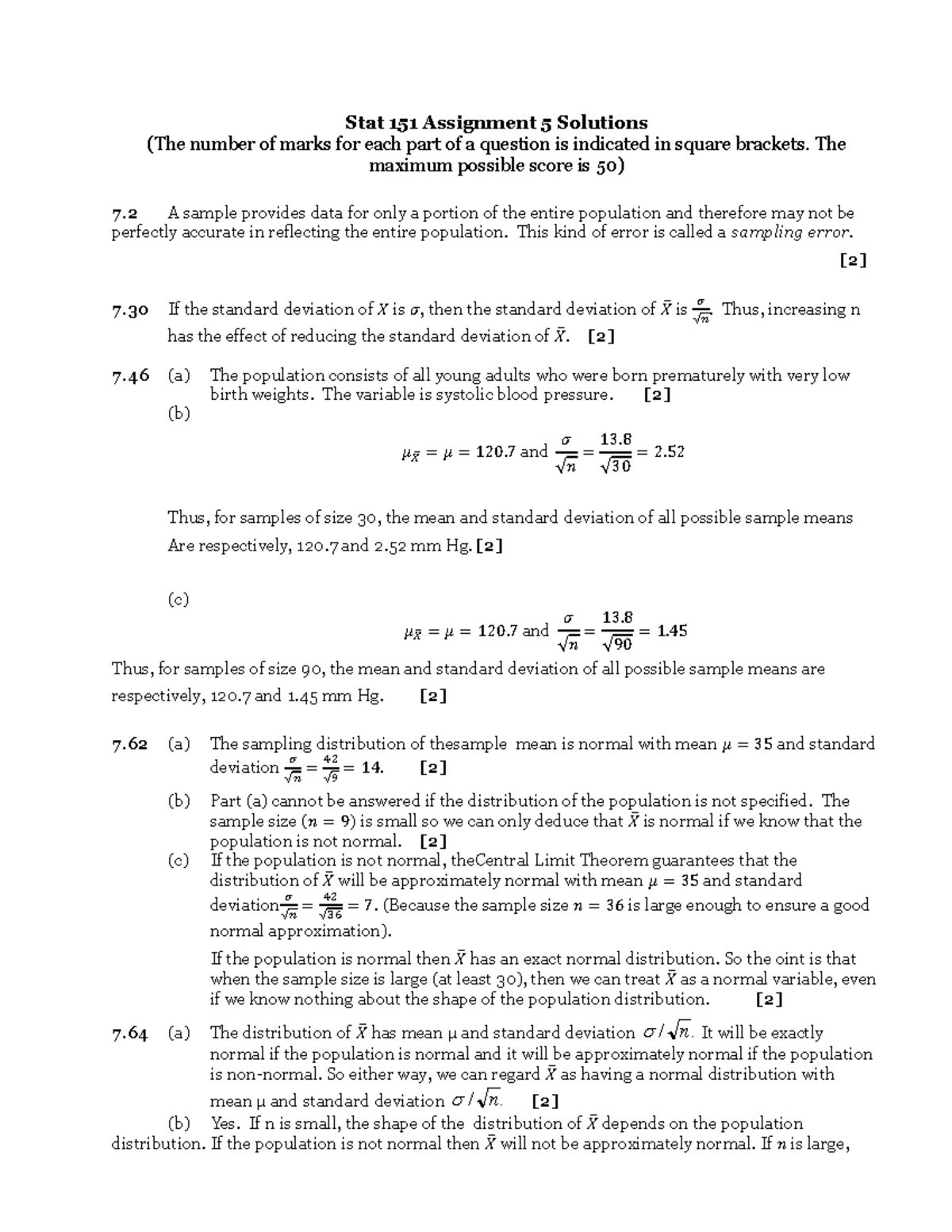 Seminar assignments - assignment 6 solutions - Stat 151 Assignment 5 Solutions (The number of ...