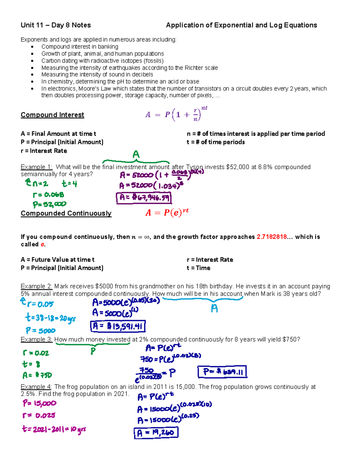 U2D5 - Notes KEY - Application of Exponential and Log Equations - Unit ...