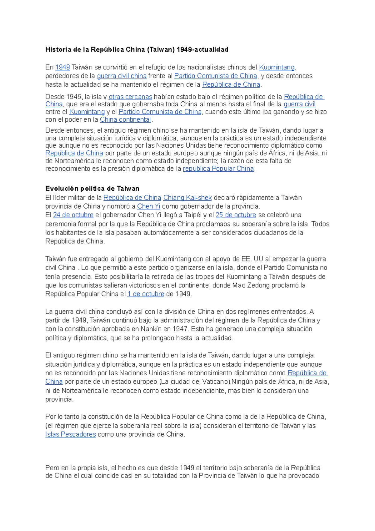 Historia de la República China (Taiwan) 1949-Actualidad - Desde 1945 ...