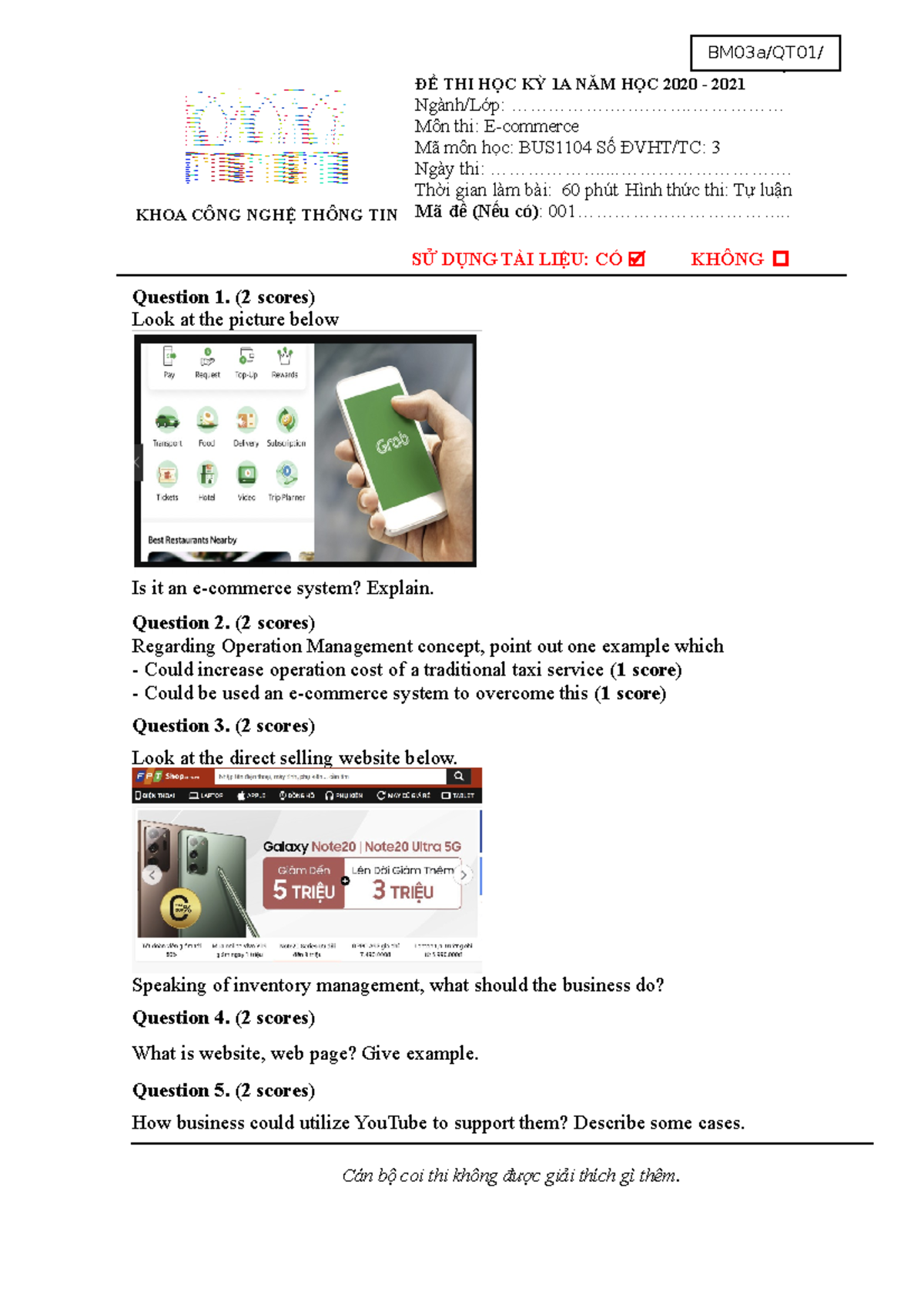 2020 1A E-commerce Final exam 1 - BM01a/QT01/KT KHOA CÔNG NGHỆ THÔNG ...