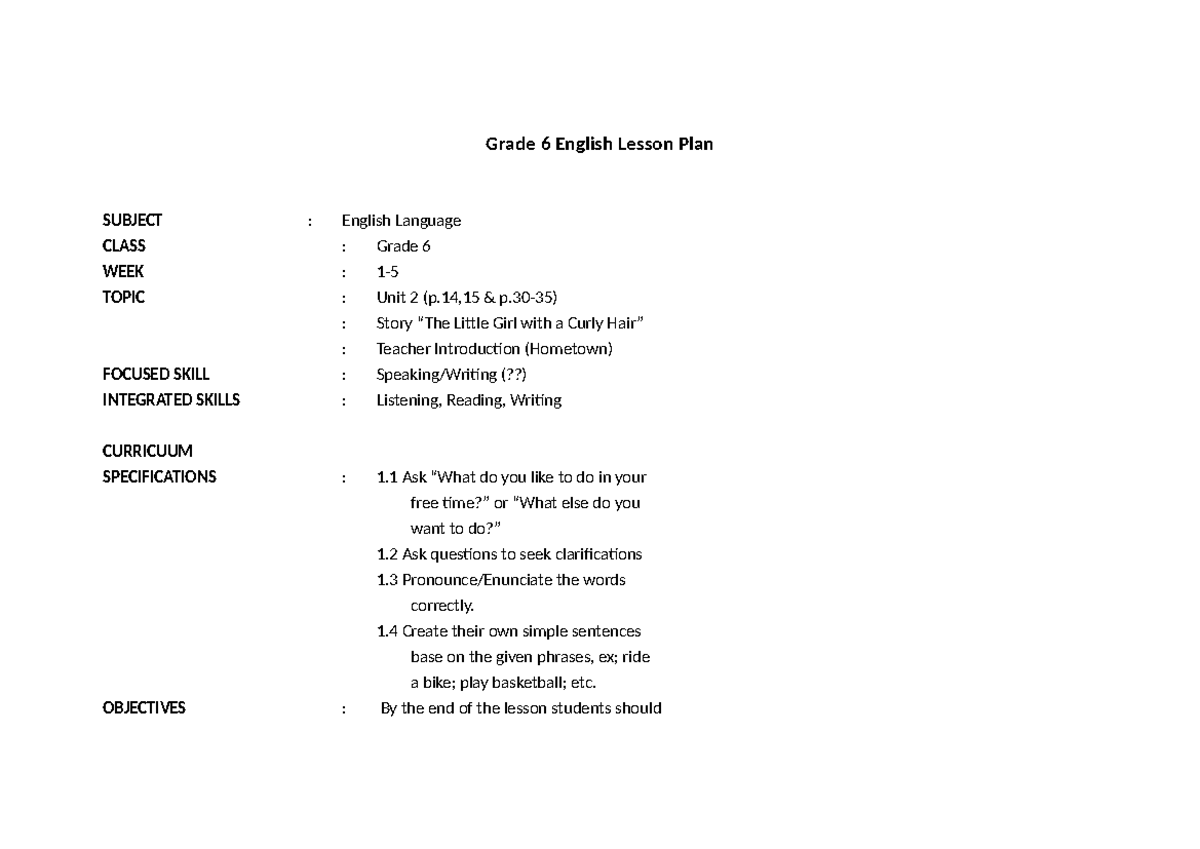 Grade 6 English Lesson Plan - Grade 6 English Lesson Plan SUBJECT ...