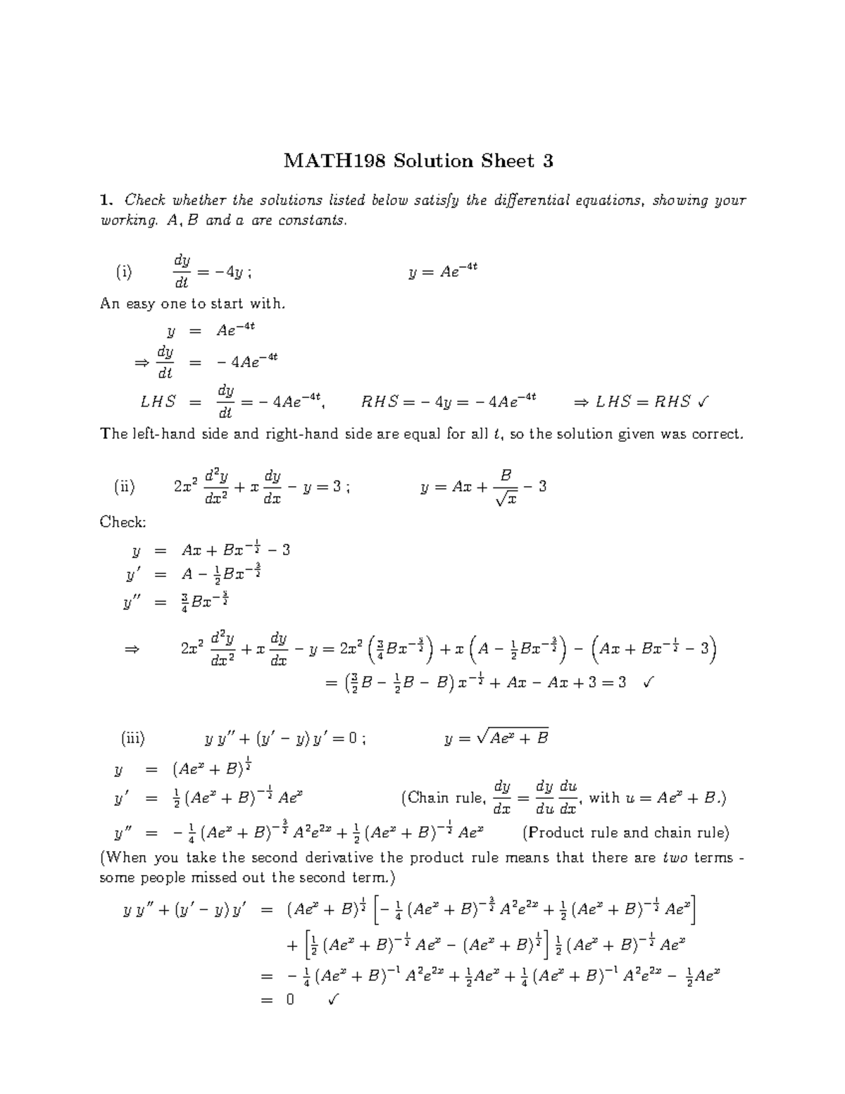 Solved Problems in Engineering Mathematic - MATH198 Solution Sheet 3 ...