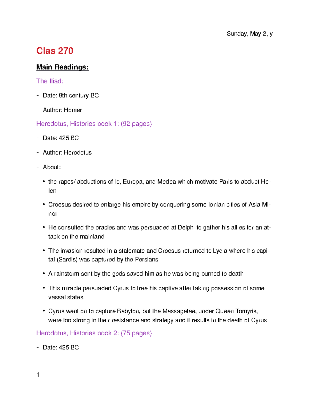 Classics 270 notes - Friday, May 3, y Clas 270 Main Readings: The Iliad ...