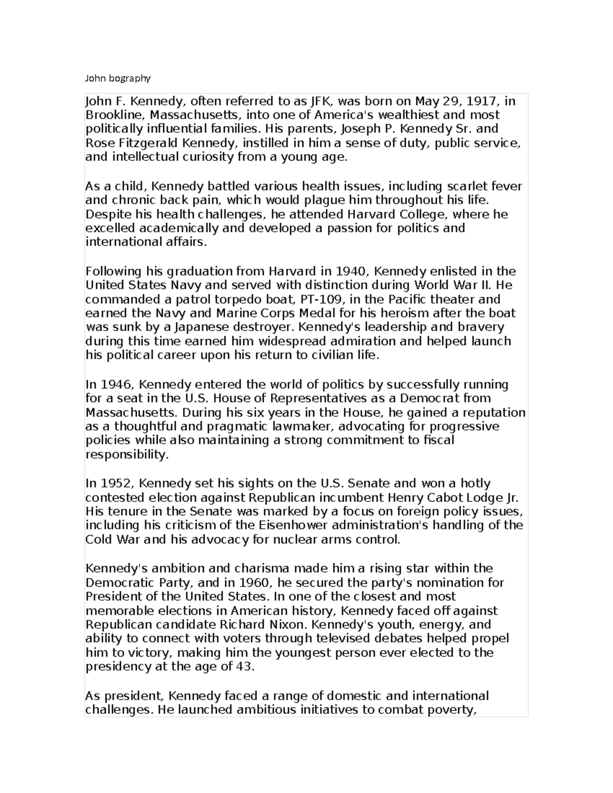 Stdocu - john f. kennedy biography - John bography John F. Kennedy ...