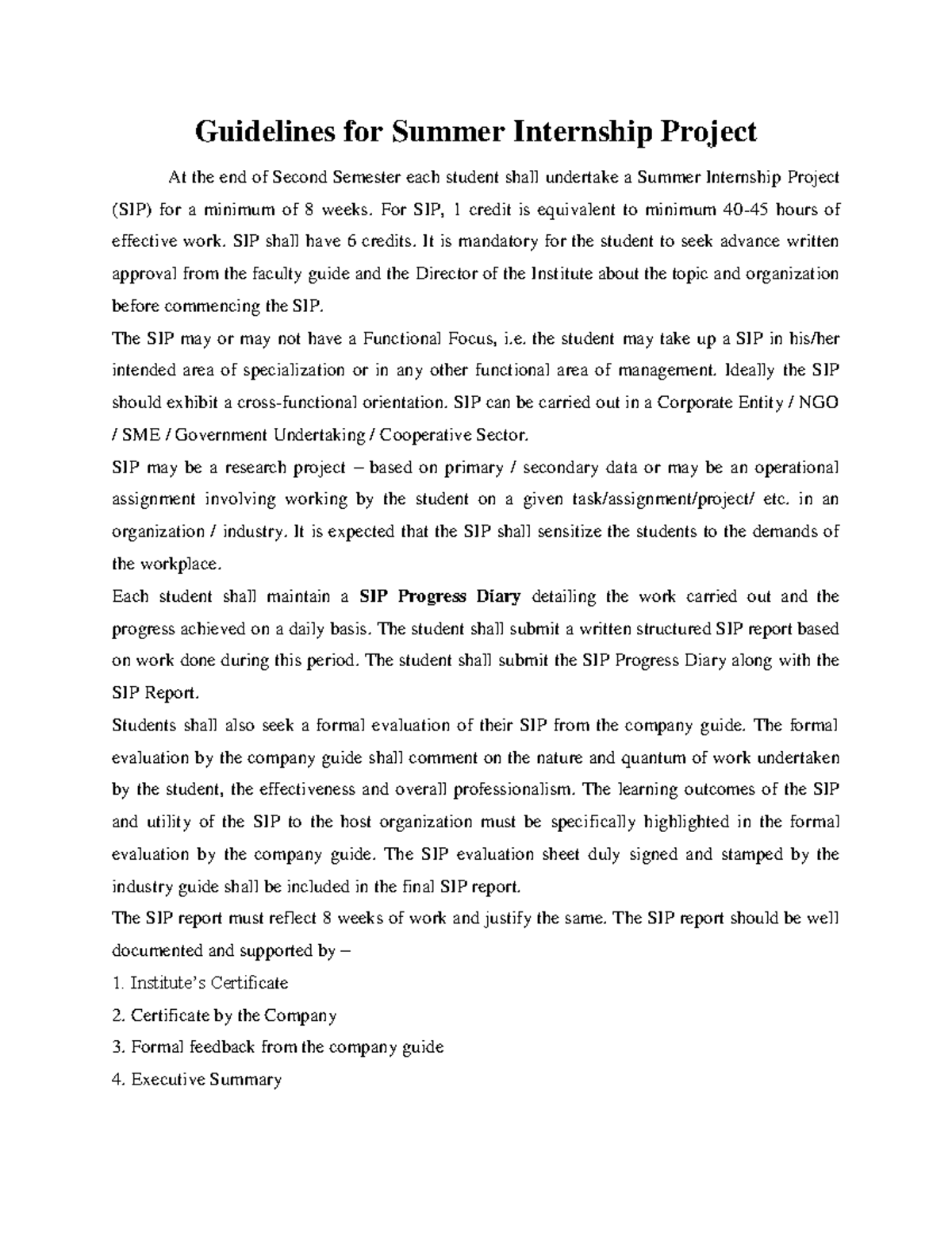 New SIP Guidelines - Guidelines for Summer Internship Project At the end of Second Semester each ...