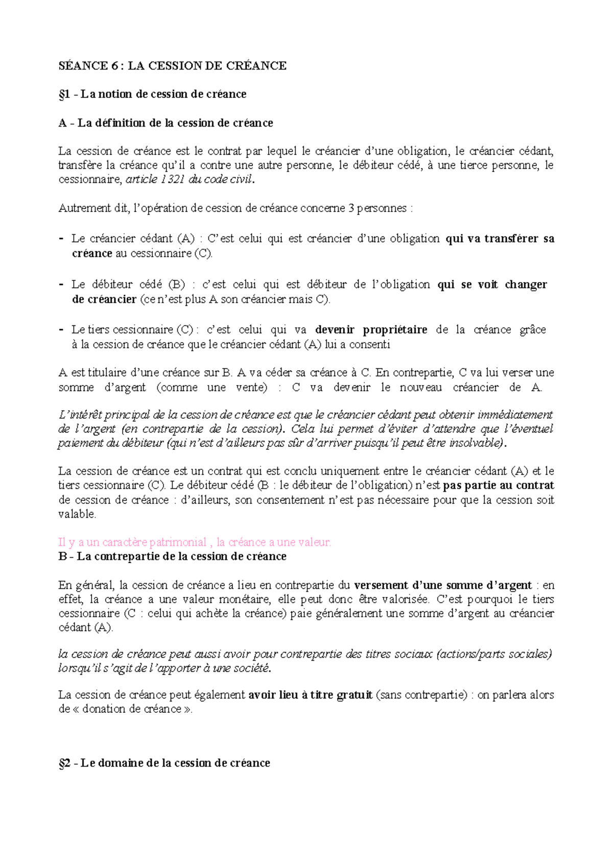 TD RGO seance 6 - SÉANCE 6 : LA CESSION DE CRÉANCE §1 - La notion de ...